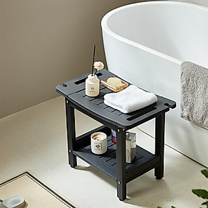 Shower Stool for Inside Shower, Poly Lumber Large Shower Bench Seat, Plastic Shower Bench Waterproof, for Sit on Bathroom Seat to Shaveing Legs with Storage Shelf, Adjustable Feet, Non-Slip(Black)…