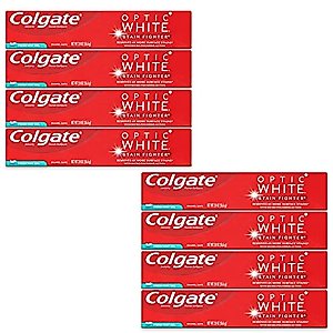 Colgate Optic White Toothpaste, Stain Fighter, Fresh Mint Gel, Travel Size 2.0 oz (56.6g) - Pack of 8