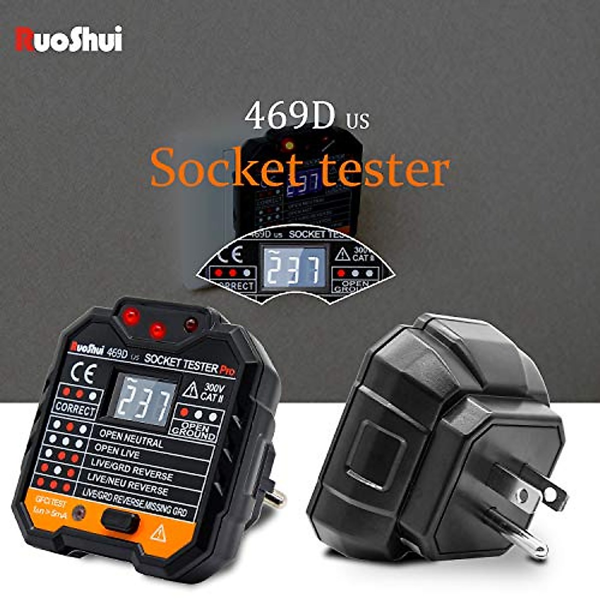 Ruoshui Outlet Tester 48-250V, GFCI Tester CAT II 300V, Receptacle Tester with Voltage Display, Standard US Electrical Socket Tester with 7 Visual Indications for Home & Professional Use…