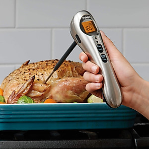 Polder Safe Serve Instant Read Thermometer, 10 Inch Probe, Built-in Torch Light, Grilling, Outdoor Meat Thermomter (Stainless)