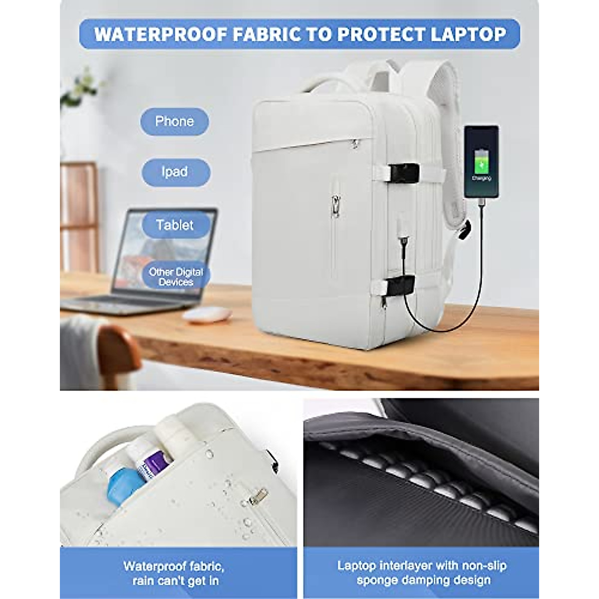 Large Travel Backpack for Women,Carry On Backpack,Expandable Airline Airplane Approved Weekender Backpack,Hiking Backpack,Laptop Backpack with USB Charging Port,Waterproof 40L Backpack Bag, White