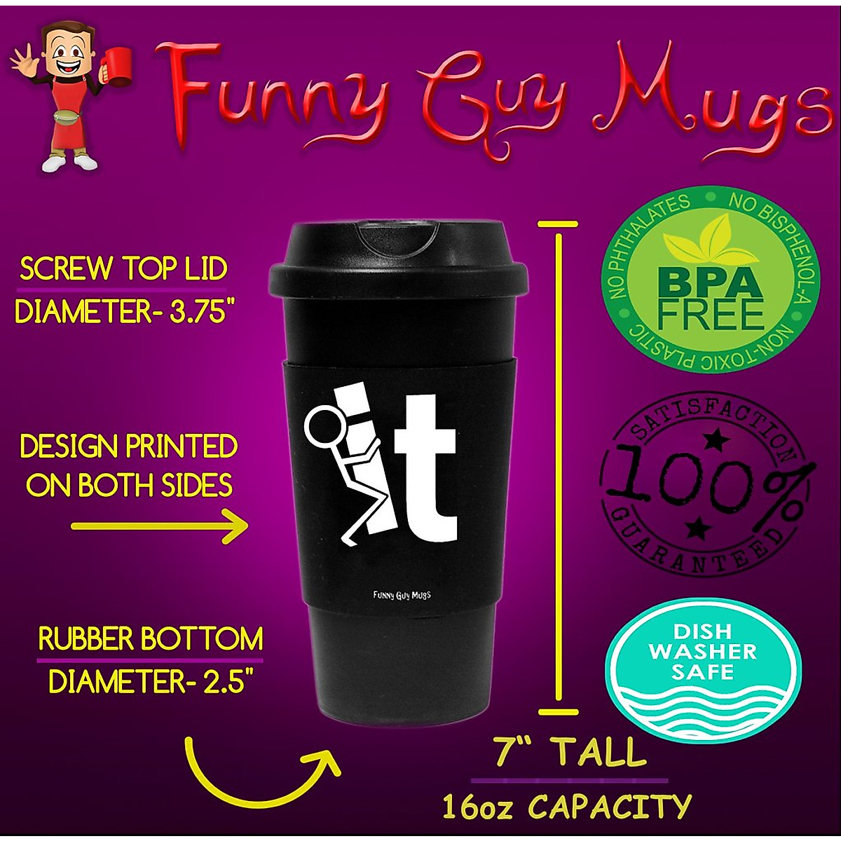 Funny Guy Mugs F It Travel Tumbler With Removable Insulated Silicone Sleeve, Black, 16-Ounce