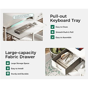 AODK Small Computer Desk with Keyboard Tray, 40 Inch Office Desk with Power Outlet, Work Desk with Drawer, Reversible Desk with Adjustable Monitor Shelf and Storage Shelf for Home Office, White