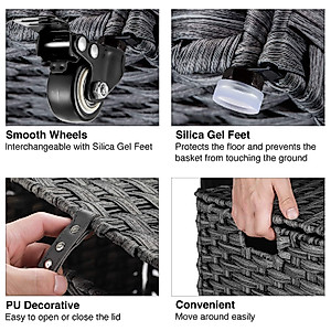 Greenstell Laundry Hamper with Wheels, No Install Needed, 110L Divided Handwoven Hampers & 2 Removable Liner Bags, Rattan Clothes Laundry Basket with Lid & Handles, Foldable Hampers Gray 22x13x26.4 In