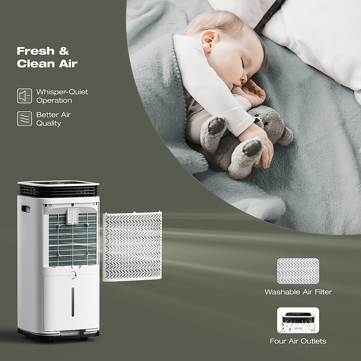 Waykar 5000 Sq. Ft Home Dehumidifier with Drain Hose for Basements, Large & Medium Sized Rooms, and Bathrooms with Intelligent Touch Control and 4 Air Outlets, 24 Hr Timer, and 1.19 Gallon Water Tank