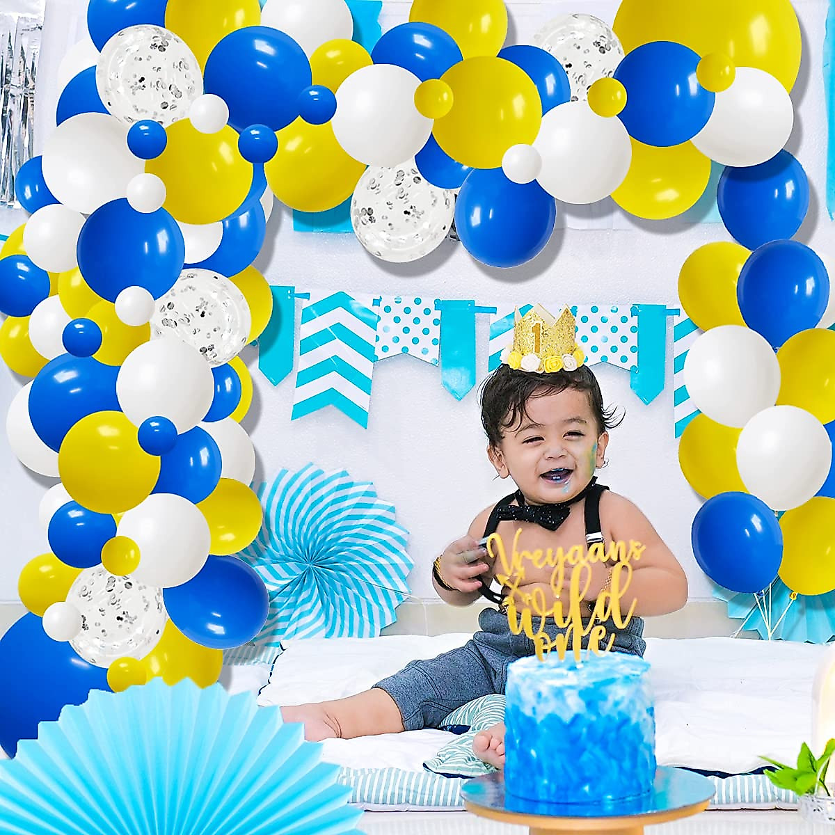 Blue Yellow White Balloon Garland Arch Kit, 116PCS Royal Blue Yellow White Silver Confetti Balloons for Birthday Bridal Baby Shower Wedding Engagement Anniversary Picnic Graduation Party Decorations