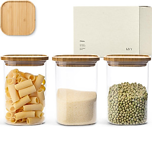 KIVY Square Glass Jars with Bamboo Lids [3x 40oz] Stackable & Airtight Glass Jars - Glass canisters with airtight lids - Glass containers with bamboo lids - Glass storage jars with airtight lids