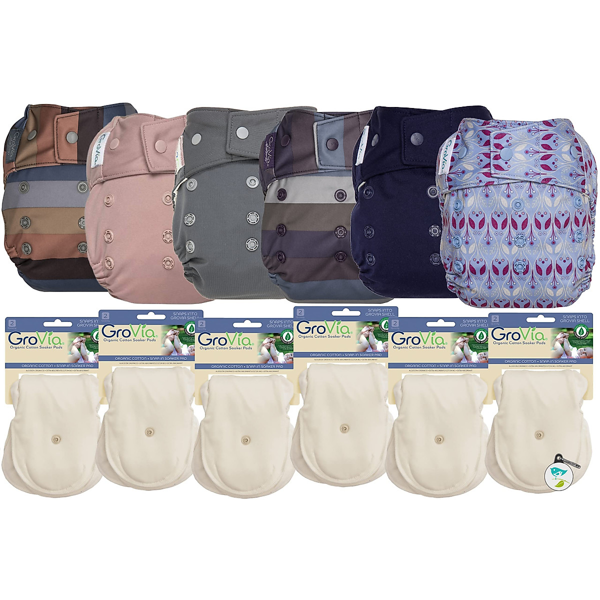 GroVia Hybrid Part Time Package: 6 Shells + 12 Organic Cotton Soaker Pads (Color Mix 4 - Snap)