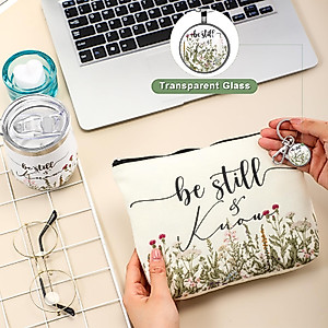 3 Pcs Christian Gifts for Women Be Still and Know Religious Gifts 12 oz Stainless Steel Tumbler Inspirational Scripture Keychain Bible Verse Cosmetic Bag for Mom Church Favors Mother's Day Gifts