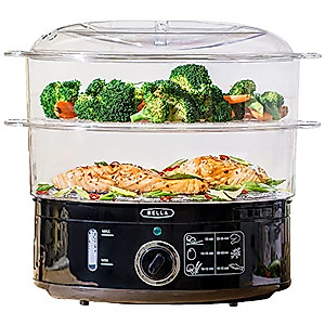 BELLA Two Tier Food Steamer, Healthy, Fast Simultaneous Cooking, Stackable Baskets for Vegetables or Meats, Rice/Grains Tray, Auto Shutoff & Boil Dry Protection, 7.4 QT, Black