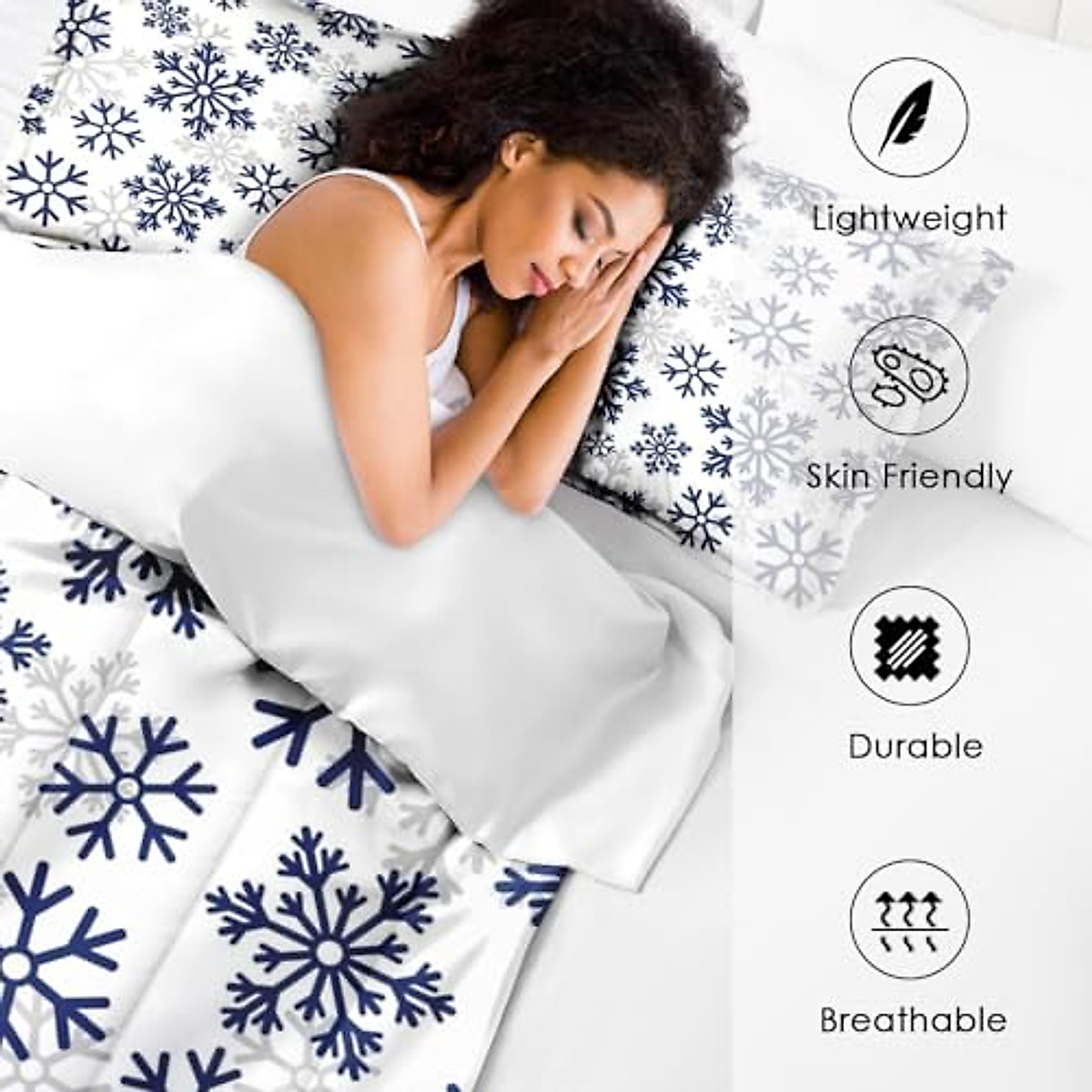 Cuzutime King Size Comforter Set with 2 Pillowcases, Blue Snowflakes Snow Winter, Bedroom Decor Dark White Abstract Nature Soft Bedding Set for Kids and Adults, Bed Decor