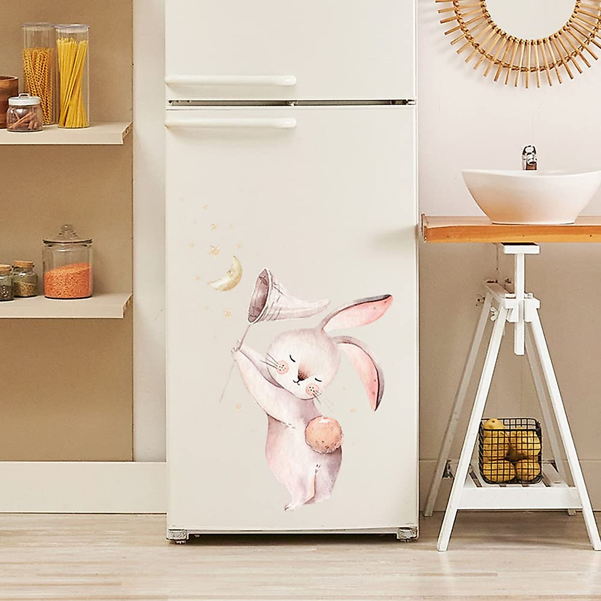 Wland 17.3 in x 25.6 in Cute Cartoon Rabbit Watercolor Bunny Catching Moon Stars Balloon Removable Vinyl Wall Decals Stickers for Children Room Nursery Decoration Baby Boy Girl Bedroom