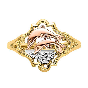 Solid 14k Yellow and Rose Gold Double Dolphin Ring Band Size 8