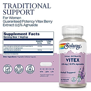 SOLARAY Vitex Chaste Berry Extract 225mg | Traditional Womens Health Support Supplement | Contains .5% Agnuside | Non-GMO | Vegan | 60 VegCaps