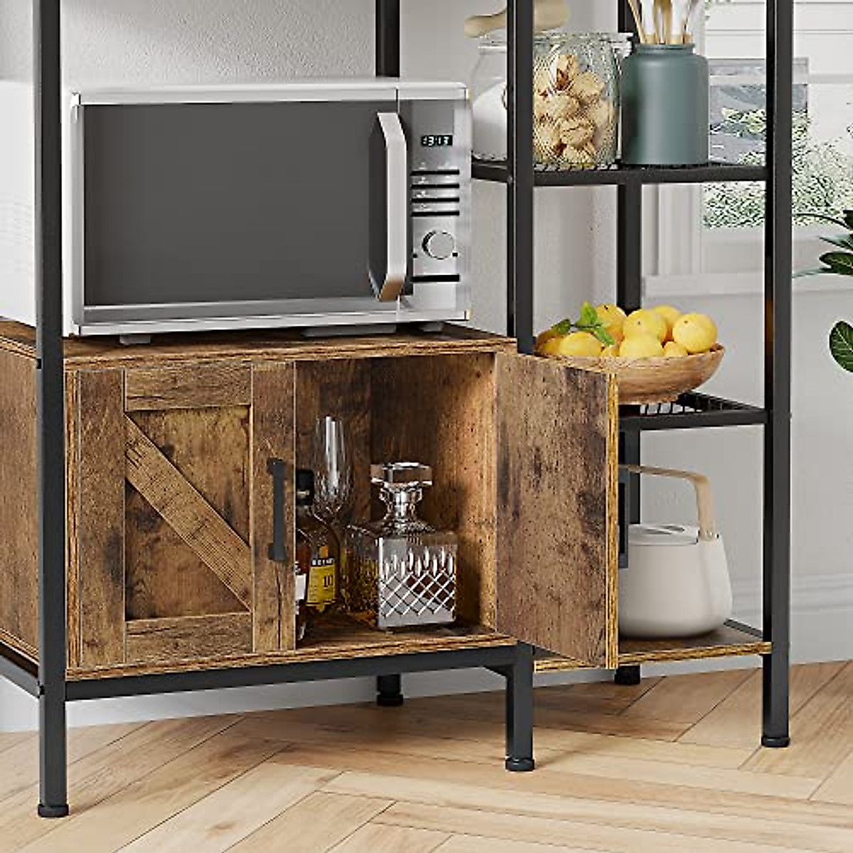 EnHomee 6-Tier Kitchen Bakers Rack with Hutch, Industrial Microwave Oven Stand with Shelves, Utility Storage Shelf with Cabinet & 8 Hooks, Hutch, Rustic Brown