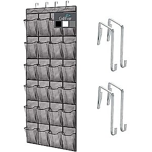 HOME GENIE 24 Pocket Strong Space Saving Over Door Shoe Organizer, Holds Up to 40 Pounds, Stay In Place Hooks Large Breathable Mesh Pocket Hanging Behind Closet Caddy Holder, Cabinet Rack, Gray
