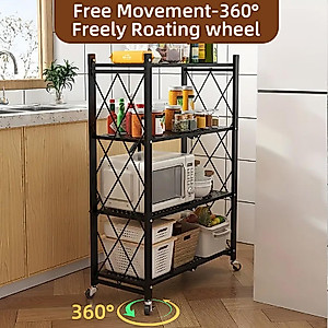GARPROVM Foldable Storage Shelf Metal Rock Storage Shelving Units Organizer Shelves with Wheels Great for Home Garage Kitchen Bakers, Black (4 Tier)