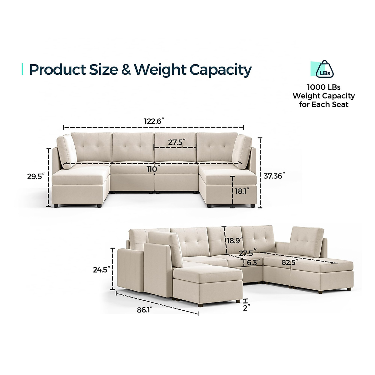 LINSY HOME Oversized Modular Sectional Sofa, Rubik III 6 Seats with 2 Ottomans Convertible U Shaped Sectional Sleeper Sofa with Storage, All Covers Changeable Washable, Grey