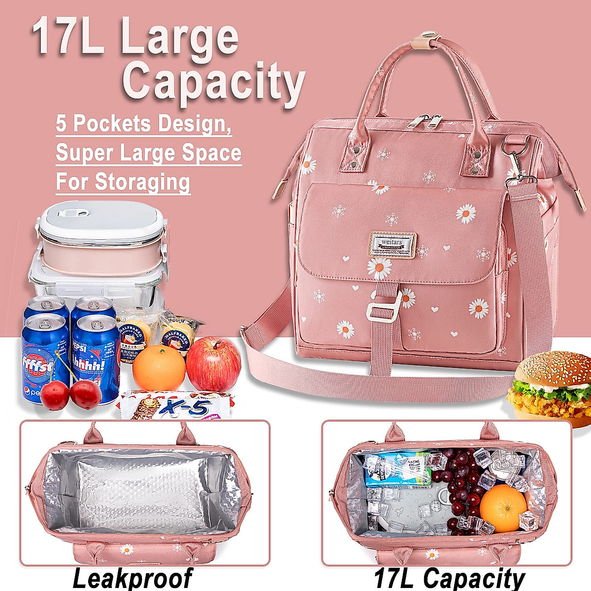 Weitars Lunch Bag for Women,Floral Insulated Lunch Box Lunch Tote,Wide-Open Lunch Purse with Removable Shoulder Strap,Lunchbag for Work Picnic Hiking