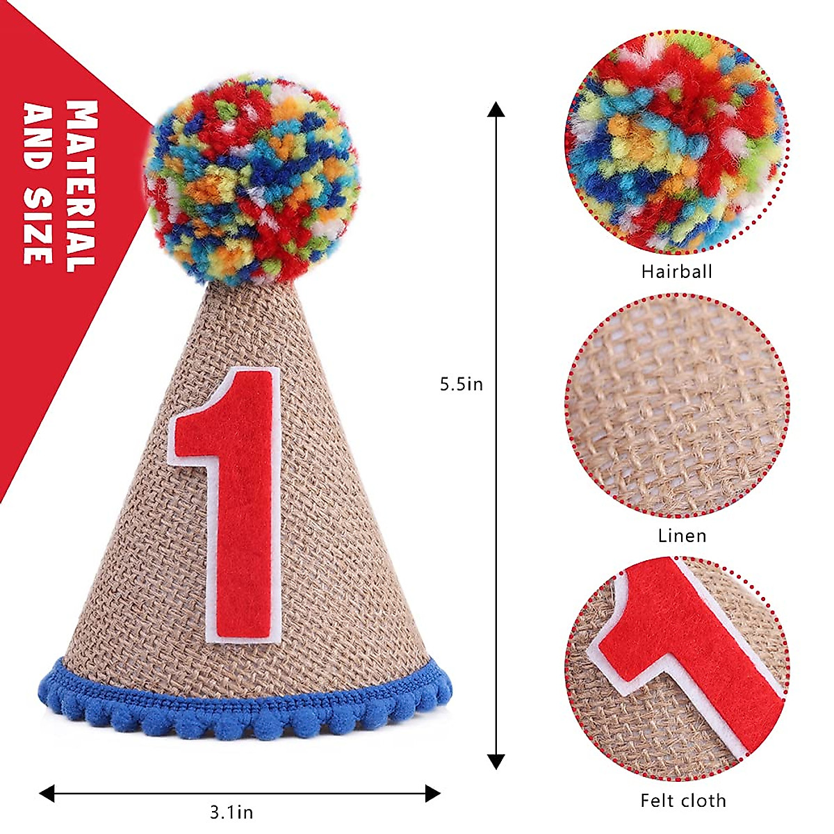 WAHAWU 1st Birthday Party Cone Hat - First Birthday Party Hat, Birthday Hats for Kids, Baby Girls/boys Birthday Cone Hat, Colored Fur Balls Hat, Party Photo Prop