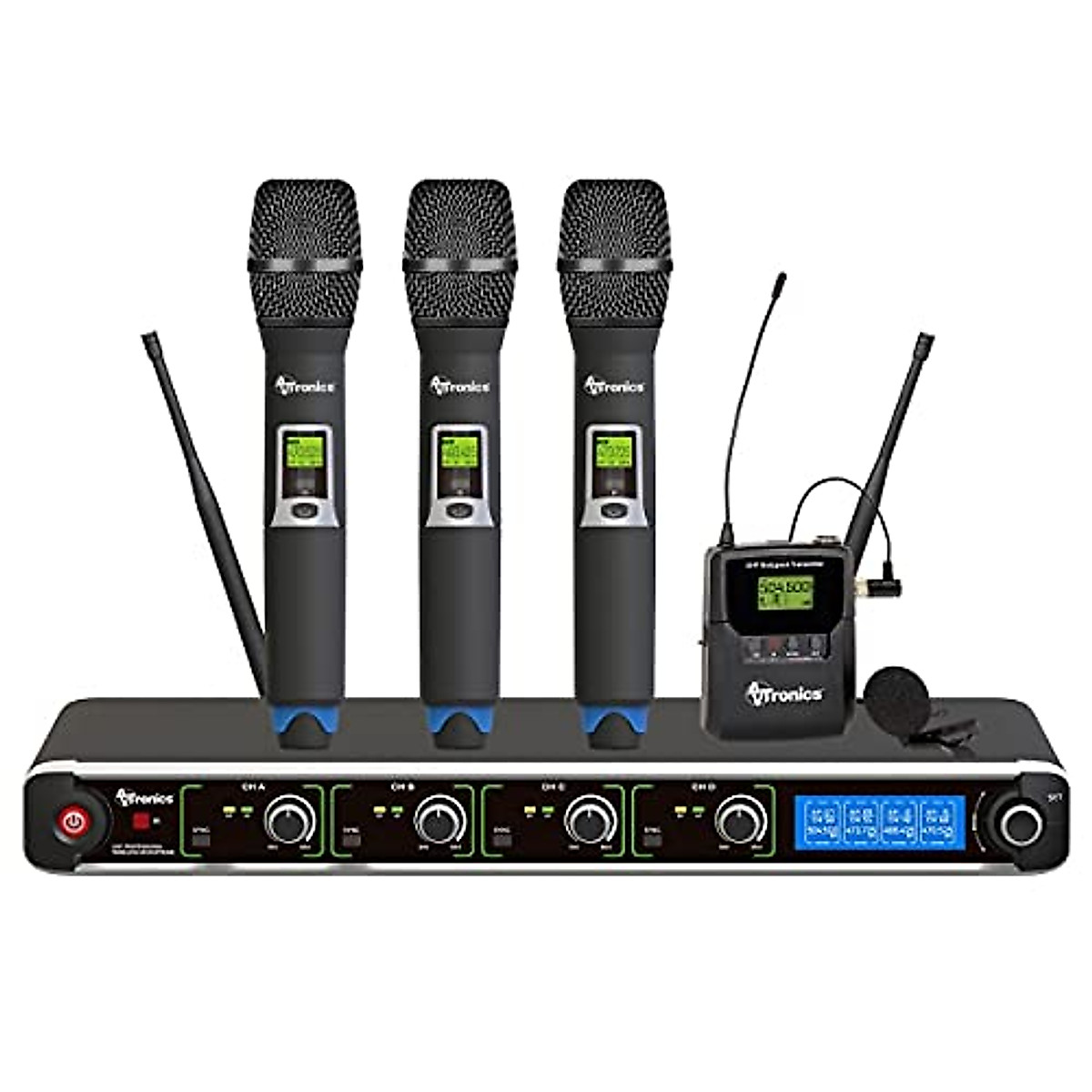 AVTronics Professional Wireless Microphone System, 200 Channel UHF 3 Handheld and 1 Belt Pack and Lavalier, Mic System for Speech, Singing, Events, Church, Karaoke, DJ, Party, and classrooms. Black