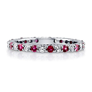 BERRICLE Sterling Silver Simulated Ruby Pave Set Cubic Zirconia CZ Stackable Fashion Anniversary Eternity Ring for Women, Rhodium Plated Size 6