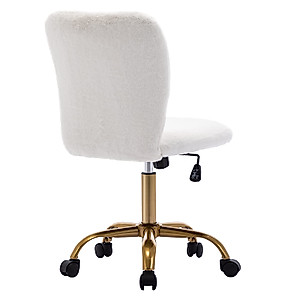 DUHOME Faux Fur Home Office Desk Chair, Modern Fluffy Fuzzy Vanity Chair with Wheels Golden Base Height Adjustable Swivel Task Chair for Girls Women, White & Faux Fur