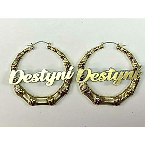 Stylish Bamboo Earrings Personalized Custom Gold 1.5, 2.5, 3.5" Size and Background Color Choice Hoop Name Plate Laser Cut Made To Order - Any Name Script Cursive Letters Stunning, Quality, Attractive (3.5" Bamboo Earrings)