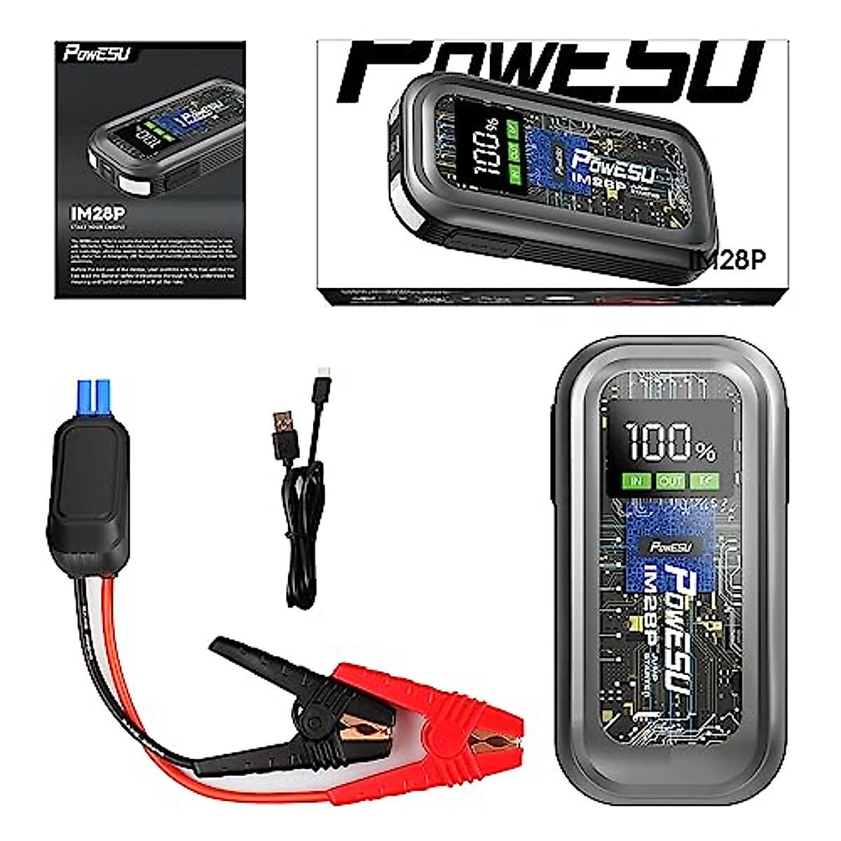 Portable Car Battery Jump Starter - 1500A Peak 12800mAh (Up to 7.5L Gas or 6.0L Diesel Engine) 12V Auto Battery Booster Portable Power Pack with Indicator Light Jumper Cables, QC 3.0 and LED Light