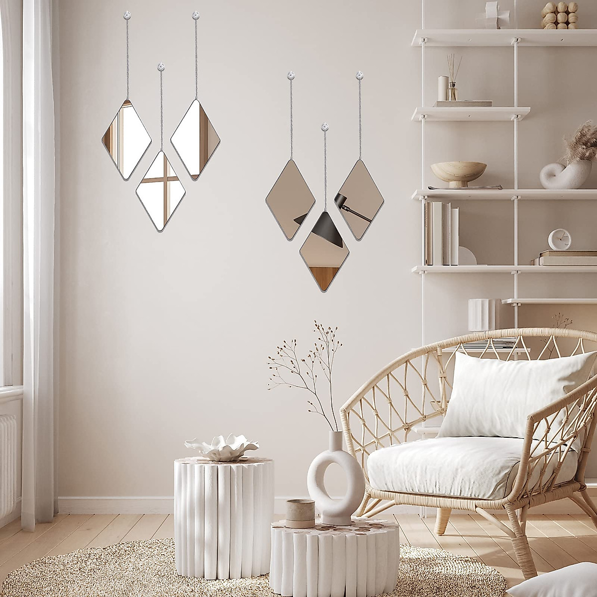 6 Pack Mirror Wall Decor Set with 2 Screwdriver Diamond Hanging Wall Mirror with Chain Silver Frame Decorative Chain Mirror for Home Living Room Entryways Bathroom Farmhouse Wall Decor, 10.8x6.7inches