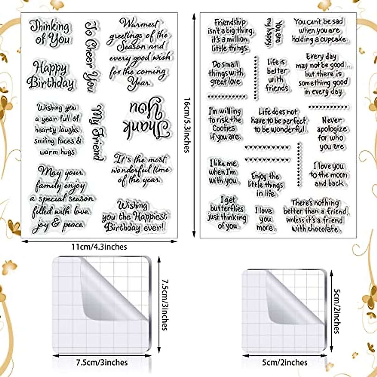 4 Sheets Sentiments Rubber Clear Stamps Set Different Sentiments Rubber Clear Stamp 2 Pieces Acrylic Stamp Blocks Tools with Grid Lines for Holiday Card Making and DIY Scrapbooking Journaling