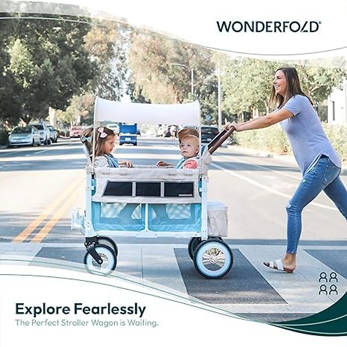 WONDERFOLD Volkswagen Stroller Wagon (4 Seater) - Collapsible Wagon Stroller with VW Bumper, Functioning Headlights, and All-Terrain XL Wheels