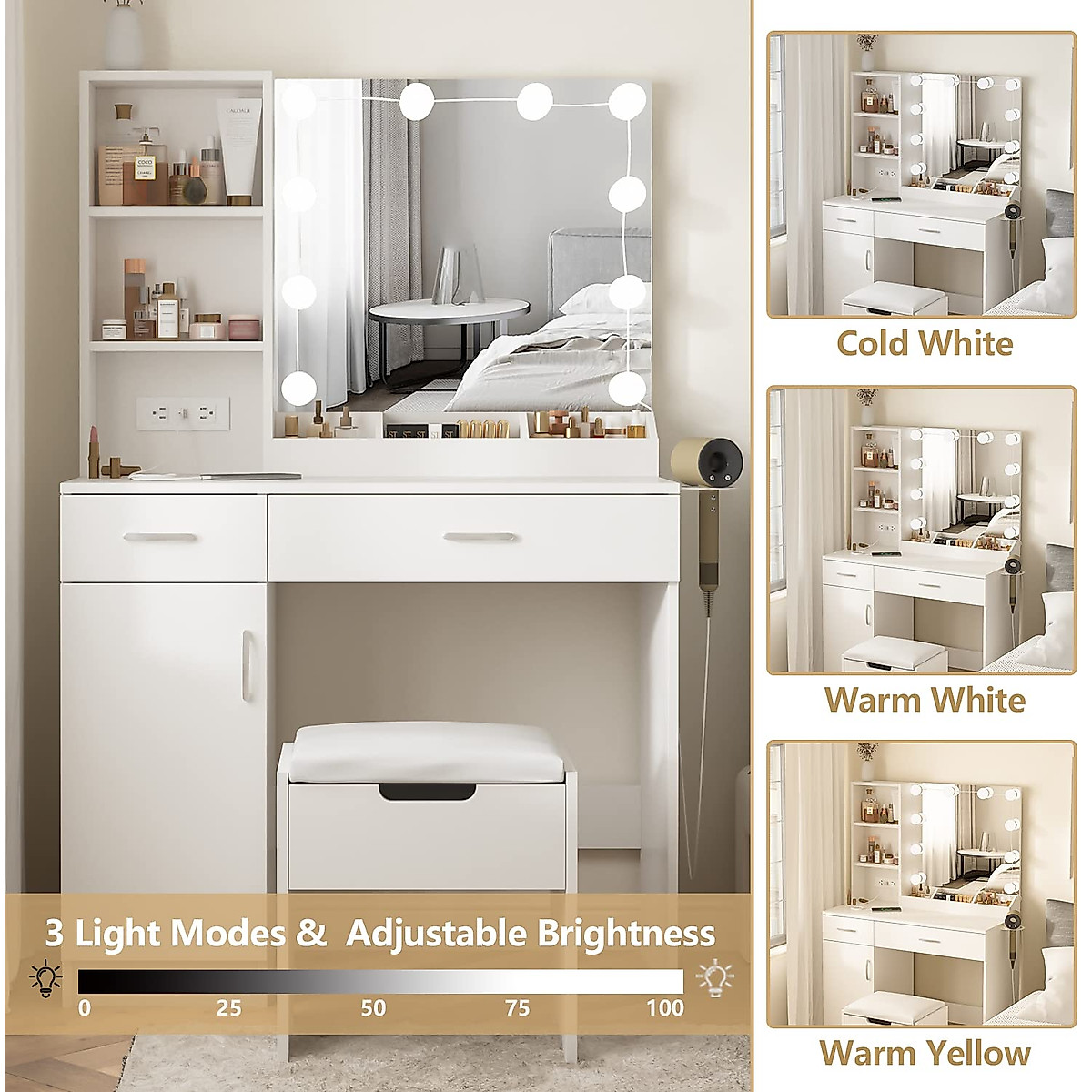 Fameill Makeup Vanity Desk with Lighted Mirror & Power Strip,White Vanity Table Set with Lights and Lots Storage,2 Drawer Makeup Table,3 Lighting Colors,35.4in(L)