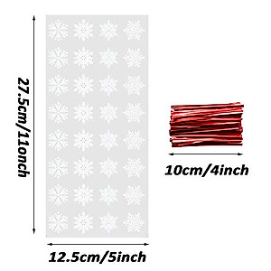 luakesa 100 Pieces Christmas Treat Candy Bags,Clear Snowflake Cookie Cellophane Bags with Twist Ties for Christmas Holiday Party Goody Supplies (White)