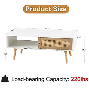 Mid Century Modern Coffee Table with Storage, 41.3 Inch Rectangle Wooden Accent Center Sofa Table with Sliding PE Rattan Woven Door Panel and Solid Wood Legs, Suitable for Living Room, Apartment