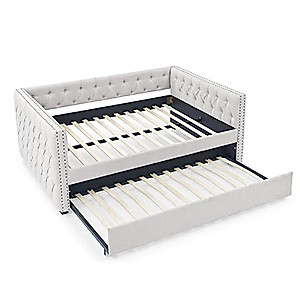 HomSof Daybed Upholstered Tufted Sofa Bed, with Button and Copper Nail one Arms, Full Daybed & Twin Trundle, Beige