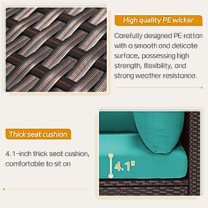 BULEXYARD High Back Brown PE Rattan Outdoor Patio Furniture Set with Propane Fire Pit Table, Large Wicker Outside Sectional Furniture Sofa Conversation Sets for Backyard(Aqua Blue, 7Pcs-A)