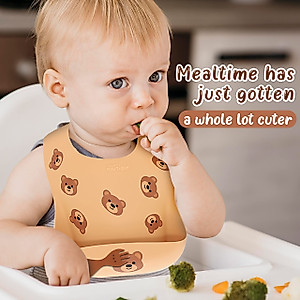 THE BABY BOUTIQUE Baby Led Weaning Supplies - 7 PCS Teddy Bear Silicone Baby Feeding Set : Suction bowl, Baby utensils, Plate, Bib, Snack cup and Drinking cup - Perfect Complement for Nutribullet Baby