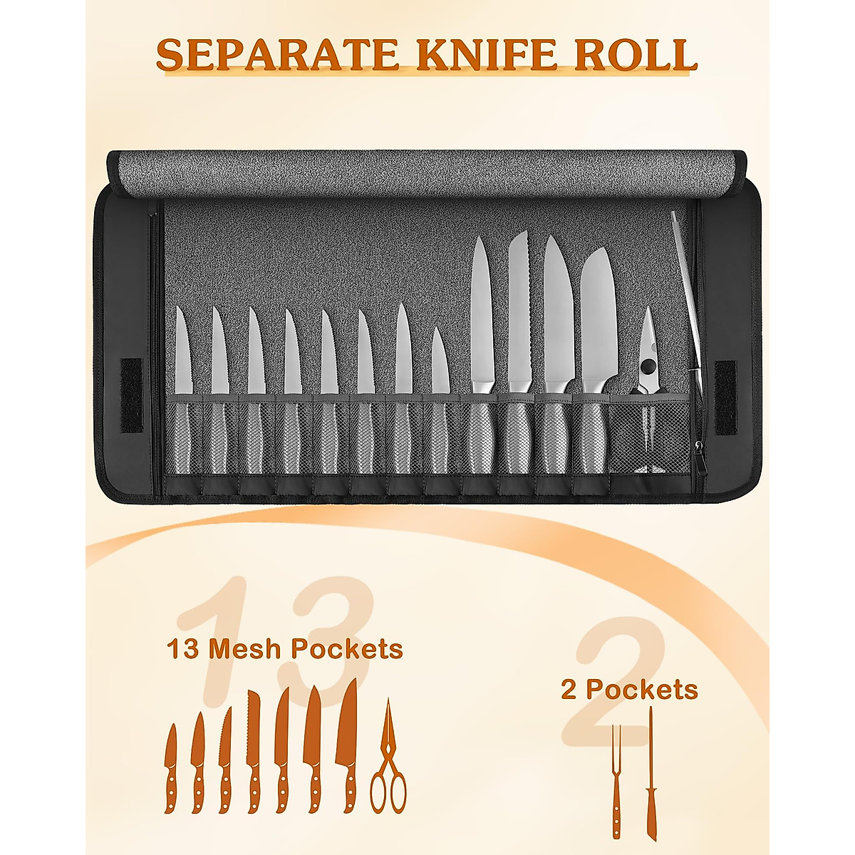 PEKREWS Chef Backpack with Knife Roll Bag, 40+ Slots Pockets for Knives Laptop and Kitchen Utensils Storage, Water-resistant Professional Chef Knife Case Gifts for Men and Women, Black