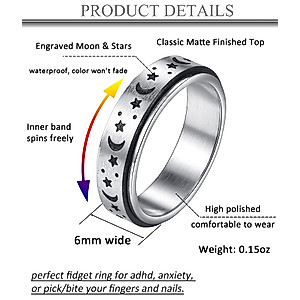 ALEXTINA Anxiety Ring for Women Fidget Ring Moon Star Ring Anti Anxiety Spinner Ring Spinning Ring for Anxiety Stress Relief Gift, Size 11