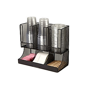 Mind Reader 6 Compartment Upright Breakroom Coffee Condiment and Cup Storage Organizer, Black Metal Mesh