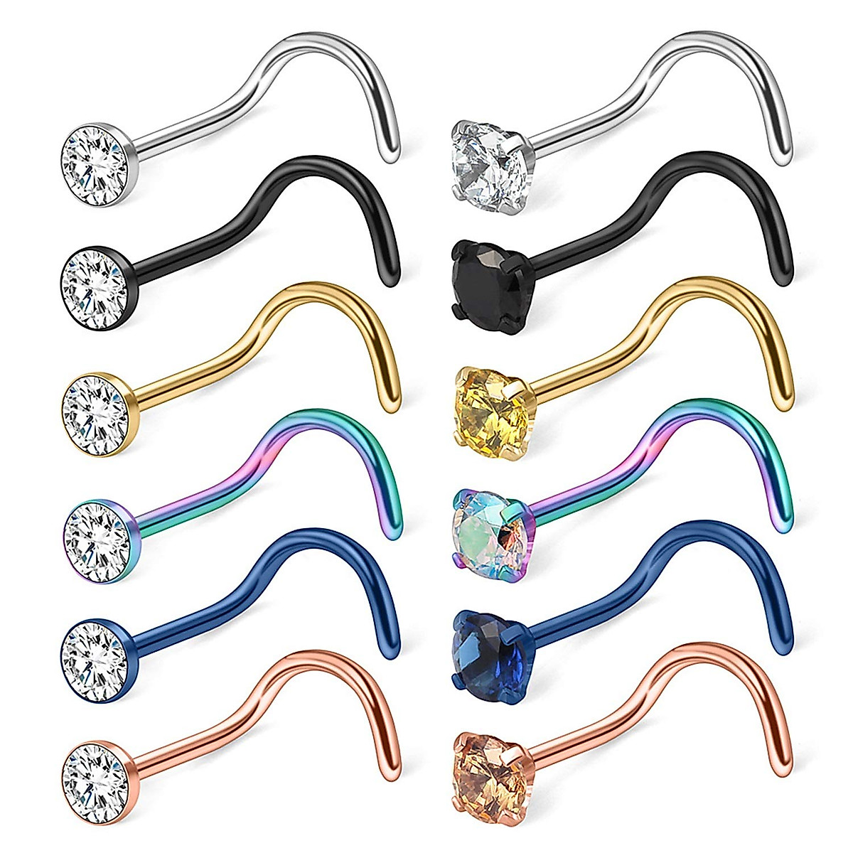 Ruifan 12PCS 18G Mix Color Stainless Steel Clear Diamond CZ Nose Studs Rings Screw Bend Piercing Jewelry 3mm