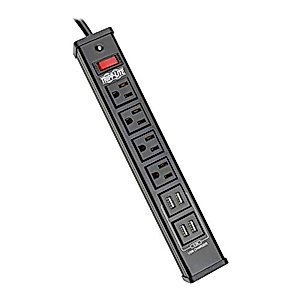 Tripp Lite 4 Outlet Surge Protector Power Strip, 6ft Cord, 450 Joules, 4 USB Charging Ports, Led, 10K Insurance (TLM446USBB), 14.25in. X 4.75in. X 2.00in Black