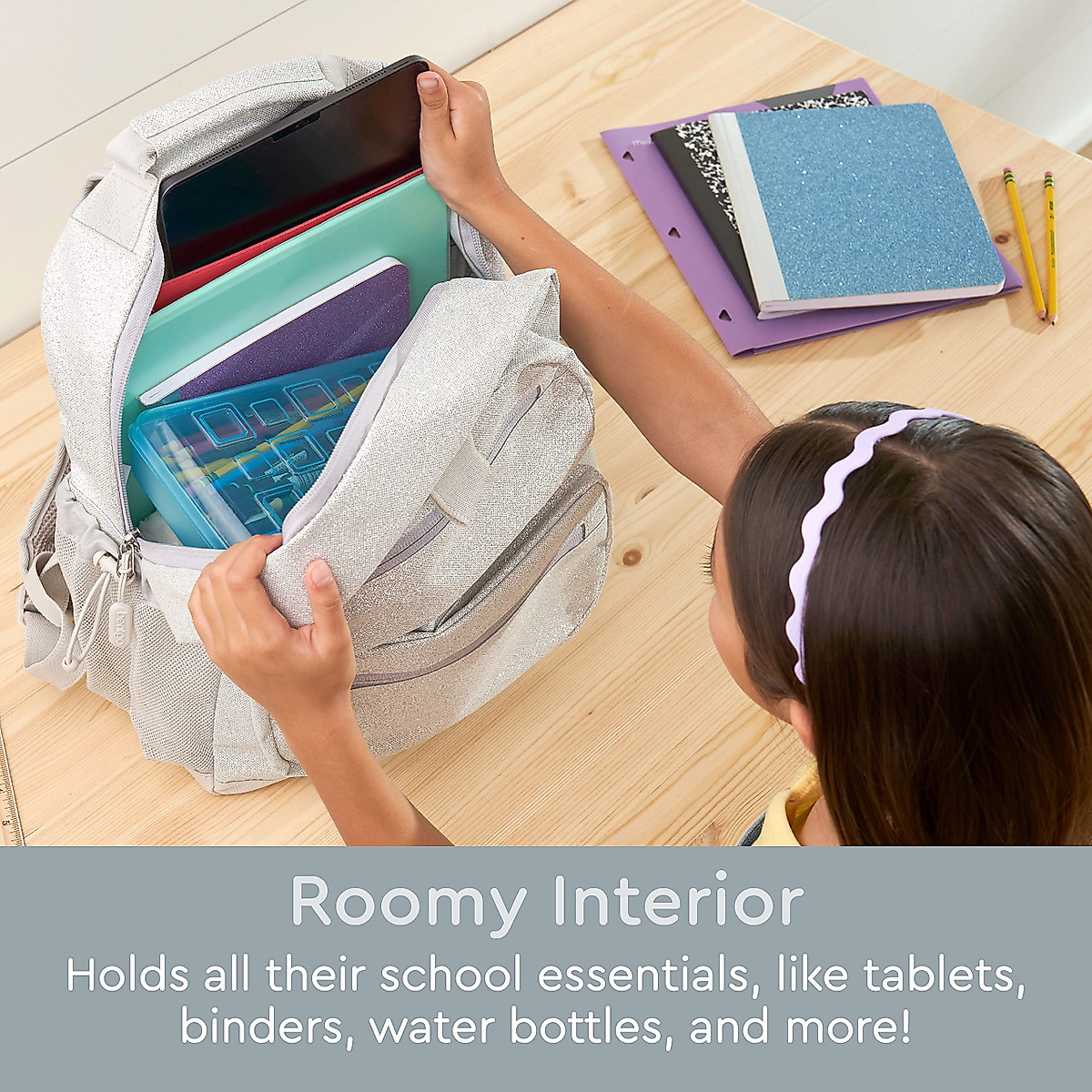 Bentgo® Kids Glitter Backpack - Lightweight 14” Backpack for School, Travel & Daycare, Ideal for Ages 4+, Durable & Water-Resistant, Roomy Interior, & Loop for Lunch Bag (Glitter Edition - Silver)