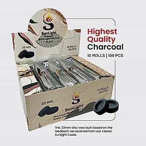 *New* Sunlight Premium Charcoal Tablets for Incense - Instant Light - 100 Charcoal Discs - 33mm - Resin Burner Rolls – Pack of 100 Coal Briquettes – Charcoal Burner - Instant Fire Coal - Premium Tier