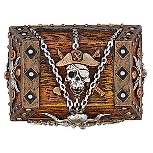 Old River Outdoors Pirate Chest Octopus/Skull & Crossbones Trinket Storage Mini Jewelry Box with Anchor, Chain, Sword and Ship Accents