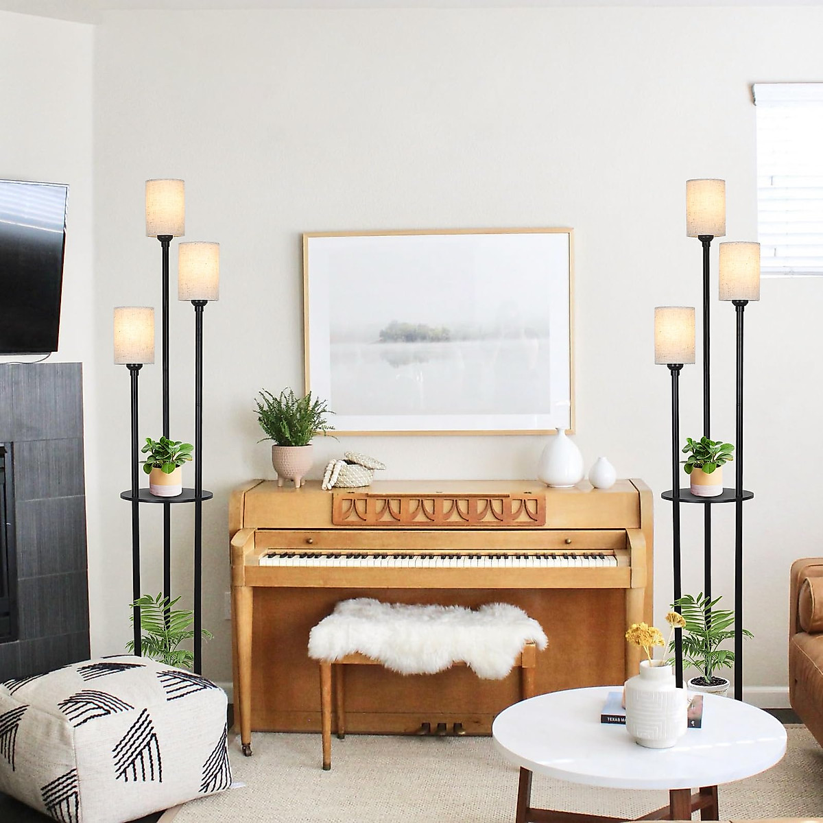 Stepeak Floor Lamp with Shelves, Modern Floor Lamps for Living Room, 3-Lights Standing Lamp with Linen Shade and Foot Switch, Industrial Standing Lamps for Bedroom, Black Tall Table Lamp for Office