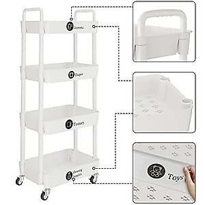 UDEAR 4-Tier Rolling Utility Cart with 12 Category Labels,Multifunctional Storage Shelves with Handle and Lockable Wheels for Room,Office,Kitchen,Bathroom,White