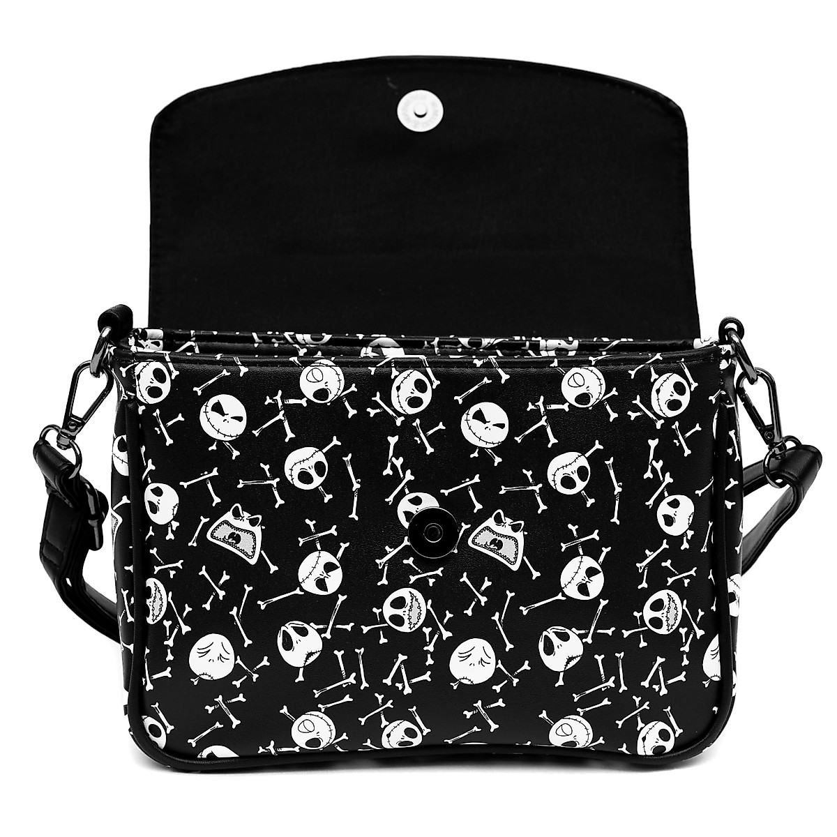 Disney Bag, Fold Over Crossbody, Nightmare Before Christmas Jack Faces and Bones Black White, Vegan Leather