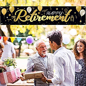 Happy Retirement Banner Horizontal Large Happy Retirement Sign Banner Fabric Retirement Yard Sign Backdrop Background Black Gold Retirement Banner for Retirement Party Photo Booth, 72.8 x 15.7 Inch